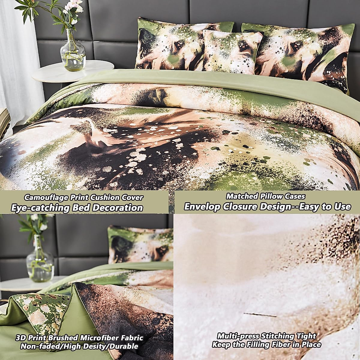 PERFEMET 6-Piece Queen Bed in A Bag Green Gold Tie Dye Bedding Set Lightweight Luxury Abstract Marble Textured Comforter Set for Kids Boys Girls(Green, Queen)