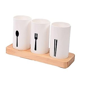 ROWOZOUY Kitchen Utensil Holder Drain Tableware Utensil Caddy Flatware Organizer with Wood Base