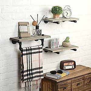 MyGift Wall Mounted Weathered Gray Solid Wood Floating Display Shelf and Industrial Pipe Hanging Bar Organizer Rack, Decorative Bathroom Shelving with Towel Bar, 3 Piece Set