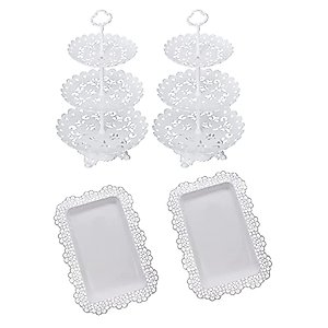 Set of 4 Dessert Stand Set, 3 Tiers White Plastic Cupcake Stand Holder & Rectangle Plastic Party Serving Trays/Platters for Wedding Birthday Baby Shower Tea Party Buffet (Round+Rectangular Type A)