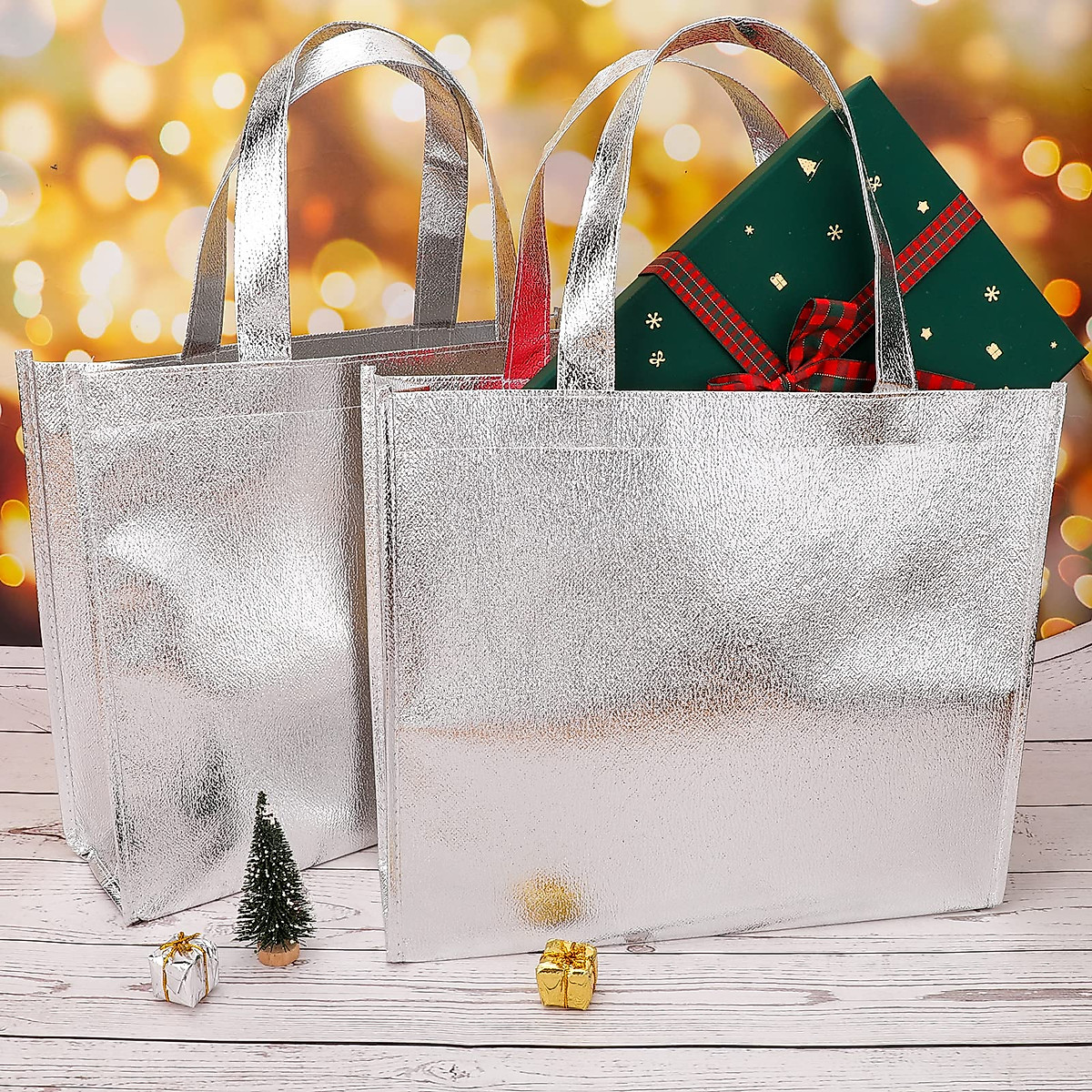 PHOGARY 12 Large Gift Bags with Handles (Silver), Stylish Tote Bags for Birthday Wedding Party Favor Christmas Wrap, Reusable Glossy Grocery Bags, non-woven fabric