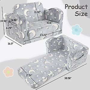 Snowmini Kids &Toddler Couch,Kids Sofa Couch Fold Out,Toddler Chair for Kid 2 in 1,Convertible Sofa to Lounger for Playroom,Baby Couch with Glowing at Night,Grey