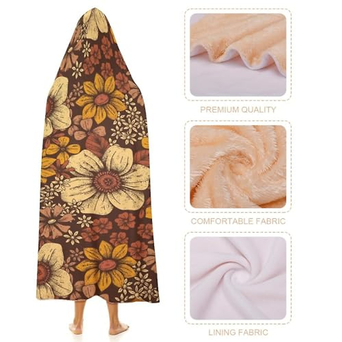 TaoYTao 50"x60" Women Summer Retro Floral Blanket Hoodie, Foldable Wearable Funny Hooded Blanket Robe Cloak, Christmas Birthday Gifts Anniversary For Wife Girlfriend Women