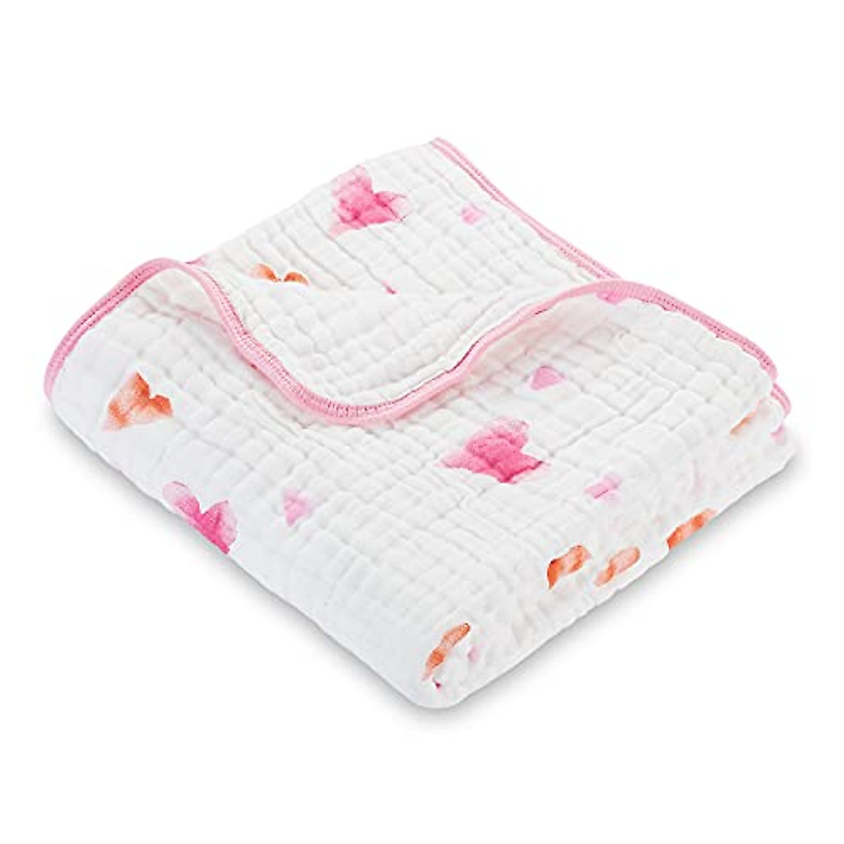 LollyBanks Muslin Baby Quilt 100% Cotton, 6 Layers Soft Baby Blankets for Girls, Large 47 x 47 Inches Baby Receiving Blankets, Durable Baby Bedding, Newborn Essentials, Registry (Heart Print)