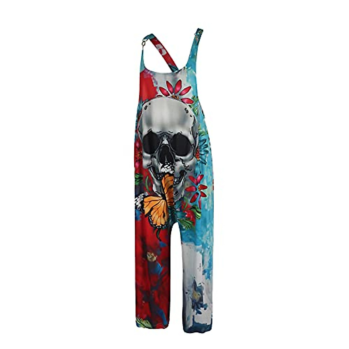 Women Boho Wide Leg Jumpsuits Summer Floral Skeleton Print Plus Size Baggy Dungarees Overalls Y2k Romper Clothes (Color A, X-Large)