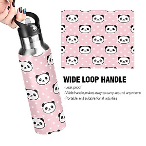 Panda Face Water Bottle Kids Stainless Steel Vacuum Insulated Water Flask Thermo Standard Mouth Bottle with Wide Handle