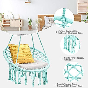 Tangkula Hanging Hammock Chair, Macrame Swing Chair with Tassels and Heavy-Duty Hanging Rings, Bohemian Style Handmade Cotton Rope Swing for Indoor Outdoor, Ideal for Bedroom, Patio, Yard, Garden