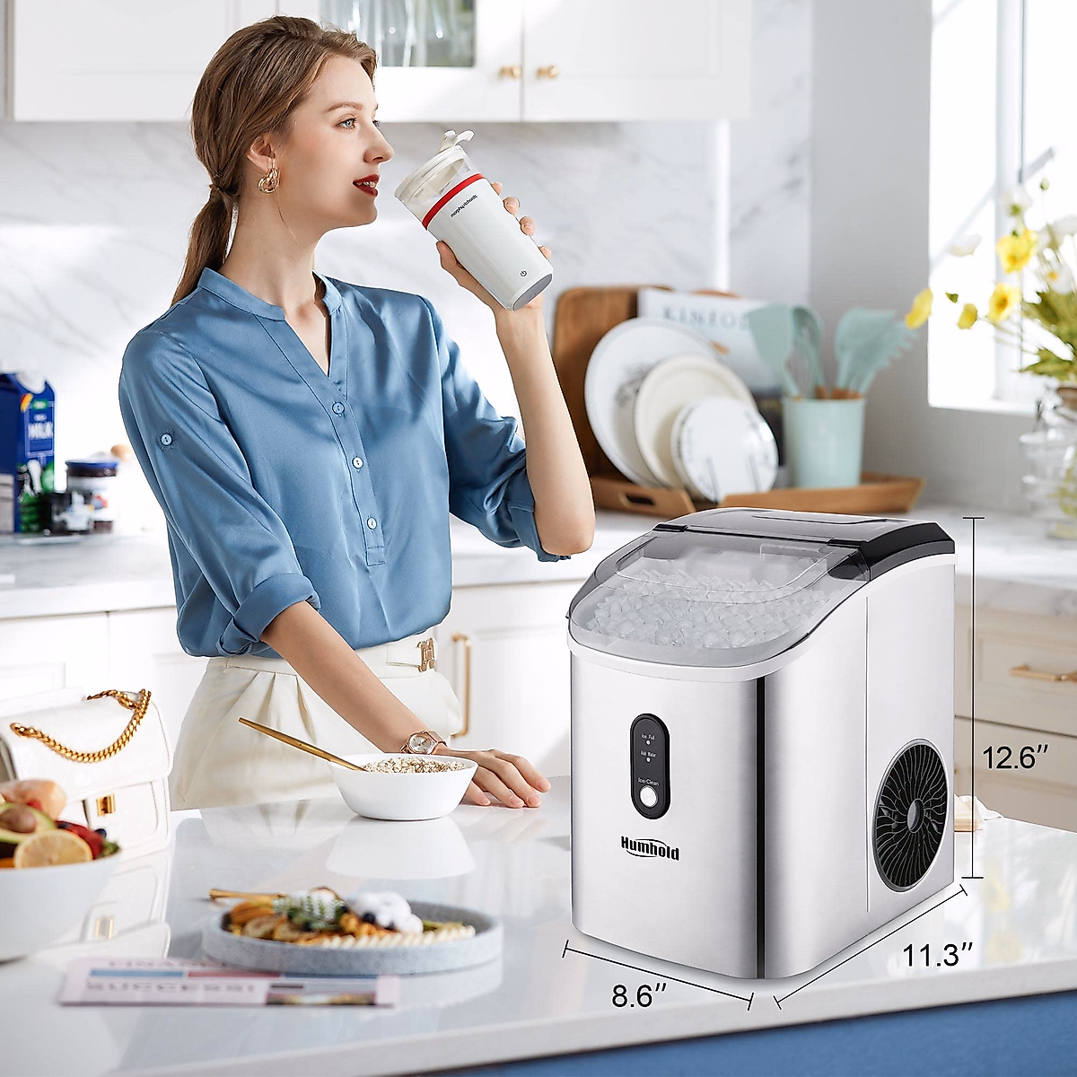 HUMHOLD Nugget Ice Maker Countertop, 33Lbs Chewable Pebble Ice Per Day, Auto Self Cleaning, Crunchy Pellet Ice Cubes Maker Machine, Portable Compact Design for RV/Home/Kitchen/Office