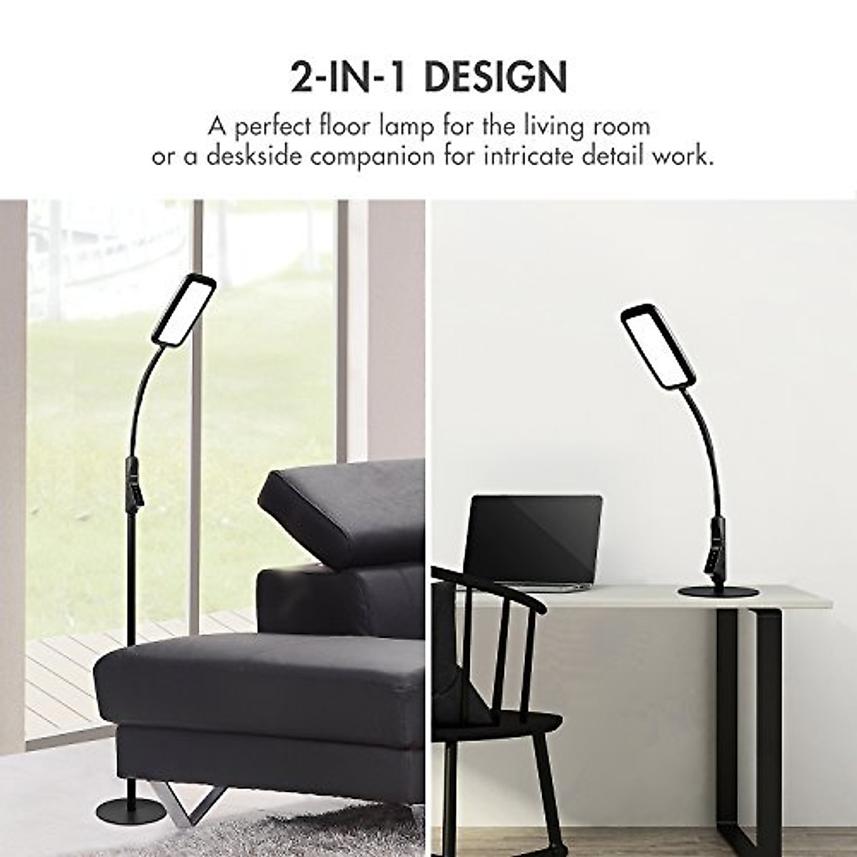 Tenergy LED Floor Lamp Desk Lamp, 2-in-1 Dimmable Task Lamp, 60-Min Timer, Flexible Gooseneck, Touch Control Floor Lamp for Reading/Crafting, 2000 Lumens