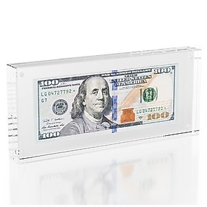 Acrylic Currency Display Self Standing Dollar Bill Holder Frame - 7.7" x 3.8" Display is Perfect Size for Bills, Tickets, Banknotes, and Postage Stamps