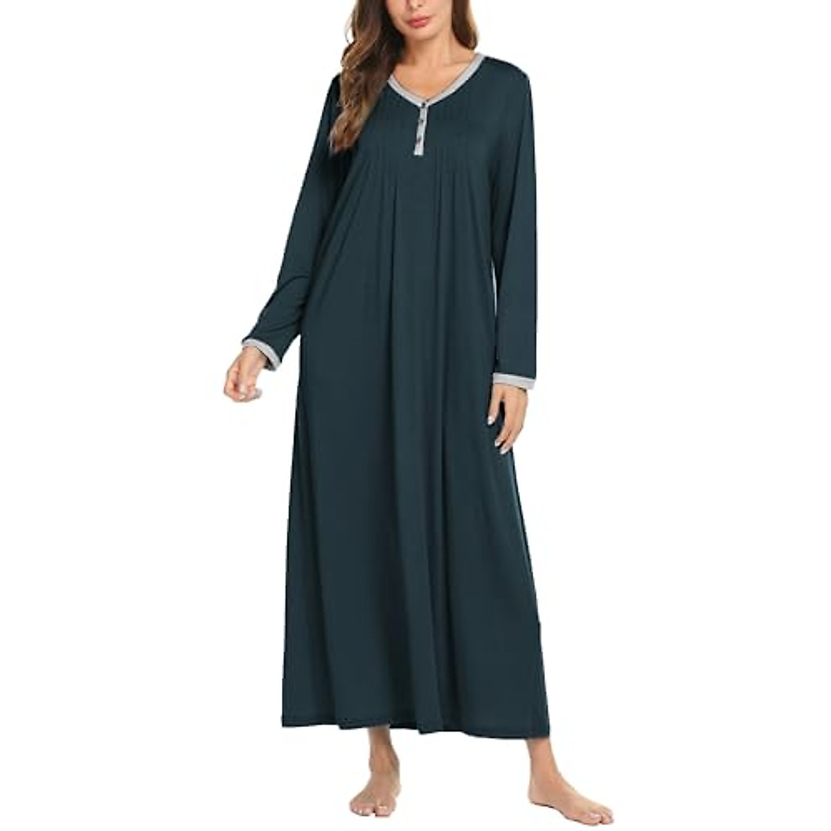 Ekouaer Women's Long Sleeve Nightgown Long Sleepshirts Henley Sleep Dress Full Length Sleepwear S-4XL