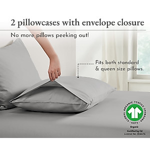 California Design Den 100% Organic Cotton Pillow Cases Standard Size/Queen Size Set of 2, Authentic GOTS Certified, Soft & Cooling, Percale Weave Cotton Pillowcases (Light Grey)