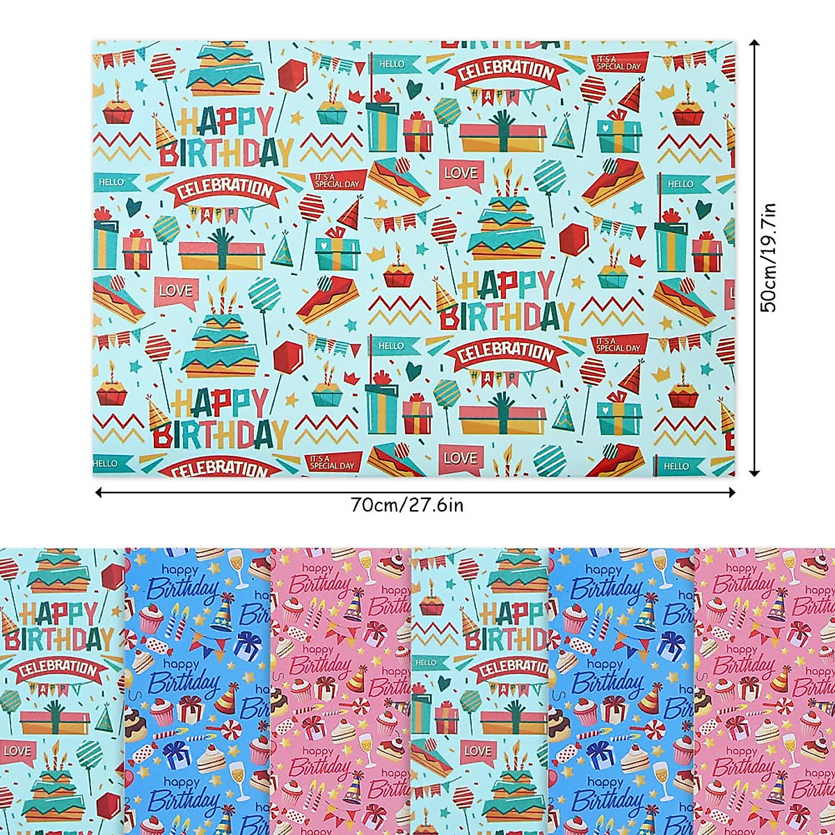 6 Pieces Happy Birthday Wrapping Paper for Kids Boys Girls, Cute Cartoon Design Gift Wrap Paper Sheets, Folded Flat Gift Wrapping Paper 20x 28 inches per Sheet in 3 Different Patterns