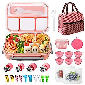 SCIREATH 1300ML Bento Box Lunch Box Kit, Japanese Bento Box Set 4 Compartments w/Lunch Bag Sauce Can, Cake Cups, Fruit Picks, Snack Bags...Leakproof Lunch Container Lunch Bag for Kids Adults (Pink)