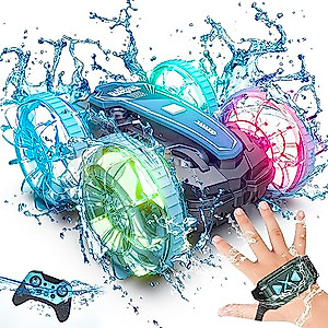 Tecnock Amphibious Remote Control Car Boat, 4WD Gesture RC Car with Waterproof Remote Control, All Terrain RC Stunt Car with LED Lights, Pool Toys for Kids Ages 8-12, Kids Toys Gifts for Boys Girls