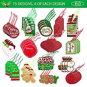 Christmas Gift Tags 60 Count with Untied String (15 Assorted Glitter, Foil, printed designs for DIY Xmas Present Wrap and Label Package Name Card)
