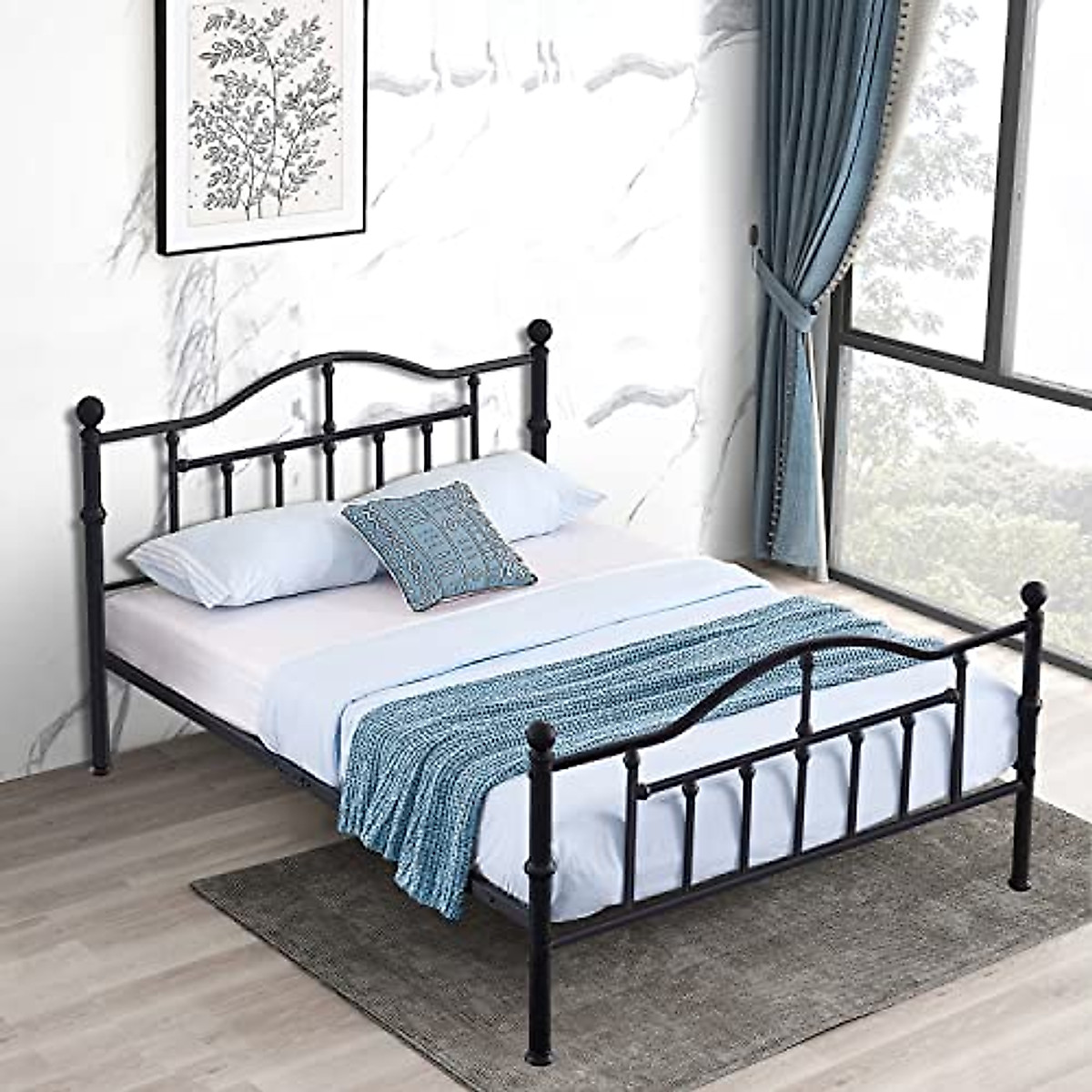 VECELO Queen Size Bed Frame Metal Platform Mattress Foundation/Box Spring Replacement，with Headboard & Footboard/Easy Assemble,Black