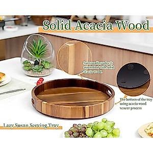 Lazy Susan Wooden Round Tray with Built-in Handles, Farmhouse Wood Serving Tray with Rotating System, Multifunctional Organizer Tray for Home Decorations Bath Vanity Tray Kitchen Counter Ottoman Tray