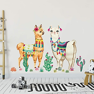 decalmile Large Llama Wall Decals Tropical Cactus Plants Wall Stickers Baby Nursery Kids Bedroom Living Room Wall Decor (H: 24 Inches)