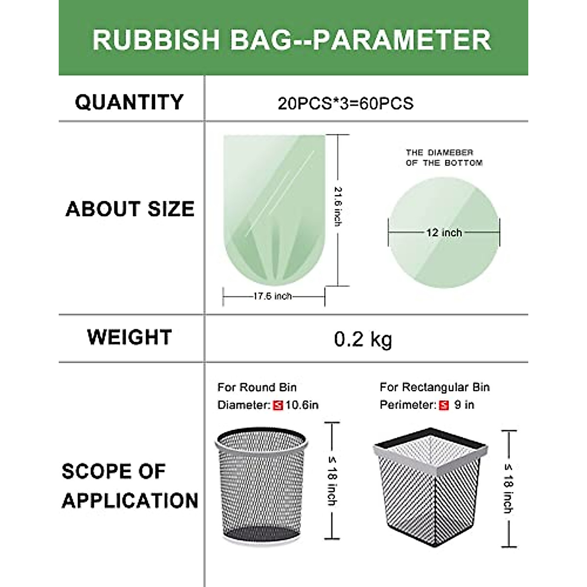 4-6 Gallon Small Trash Bags Compostable Trash Bags,AYOTEE 60 Count Ultra Strong Unscented Garbage Bags Mini Trash Bags Waste Basket Liners for Bathroom, Kitchen,Bedroom, Office, Pet, Car(Green)