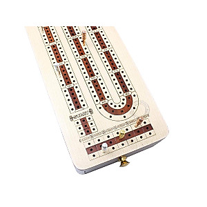 House of Cribbage Continuous Cribbage Board Alphabet e Shape Inlaid in Maple and Bloodwood with Storage Drawer for pegs and Cards - 3 Tracks