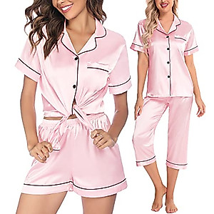 SWOMOG Womens 3 Piece Silk Satin Pajamas Short Sleeve Pjs Sets Shorts and Capri Bottom Pajama Pants Loose Outfit Sleepwear Pink