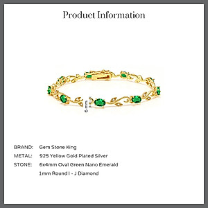 Gem Stone King 18K Yellow Gold Plated Silver Simulated Emerald Diamond Greek Vine 7 Inch Tennis Bracelet For Women