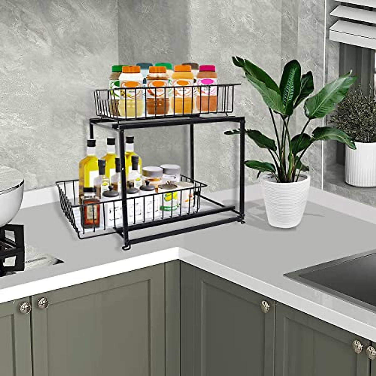 FERLAN Under Sink Organizer, 2-Tier Stackable Kitchen Cabinet Organizer and Storage With Sliding Storage Drawer, for Kitchen, Bathroom, Office, Pantry, Cabinet, Black