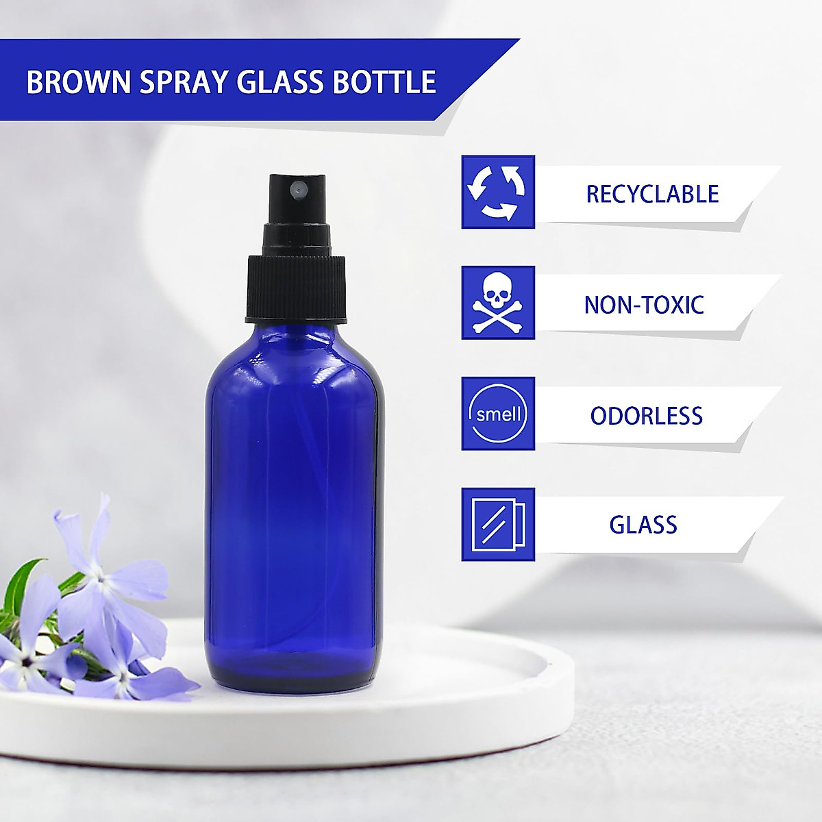 Omawrf 5Pcs Blue Boston Glass Spray Bottles for Essential Oils, 4oz Empty Small Fine Mist Spray Bottle with 5ml Dropper Bottles, Funnel, Pipette, Labels,Brush Travel Spray Bottle (120ml, Blue)