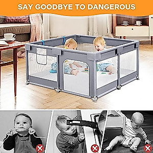 ZESHWER Baby Playpen, Playpen for Babies with Gate, 50”×50” Large Playpen for Toddlers, Baby Fence Play Area, Sturdy Safety Baby Play Yard with Soft Breathable Mesh, Grey
