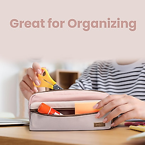 bnizy Large Pencil Case, Pencil Pouch with Zipper Compartments, Aesthetic Pencil Case for Adults, Stationery Pouch Pen Case for Office (Pink&Beige)