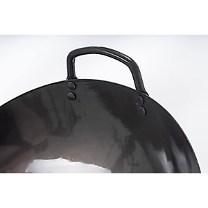Craft Wok Black13 Pre-Seasoned Hand Hammered Carbon Steel Pow Wok with Wooden and Steel Helper Handle (13 Inch, Round Bottom)