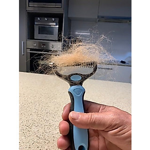 DakPets Dematting Rake for Dogs - Double Row Undercoat Rake for Dogs - Cat Brush & Deshedding Tool Gently Removes Loose Hair & Mats - Dog Hair Detangler & Cat Matted Fur Remover - Easy-Grip Design