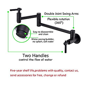 BZOOSIU Pot Filler Faucet Wall Mount, Double Joint Swing Arms Solid Brass Folding Faucet, Single Hole Two Handles Wall Mount Kitchen Faucet, Matte Black