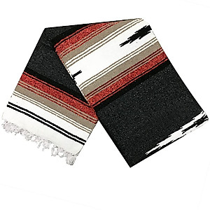 Open Road Goods Black Mexican Yoga Blanket - Thick Diamond Serape with Red, Brown, Tan and White Stripes