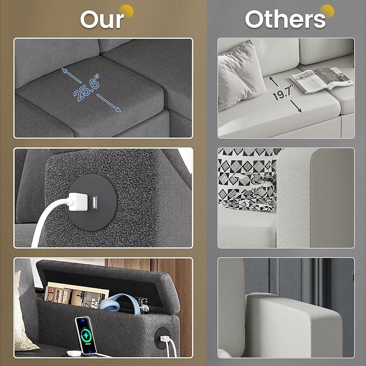 SEDETA U Shaped Couch, Sectional Sofa Couch with Storage Seat, Chenille Dark Grey