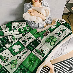 St. Patrick's Day Clovers Plush Sherpa Fleece Throw Blankets Shamrock Truck in Green Plaid Cozy Reversible Blanket Soft Warm Fuzzy Throws for Couch Bed Sofa