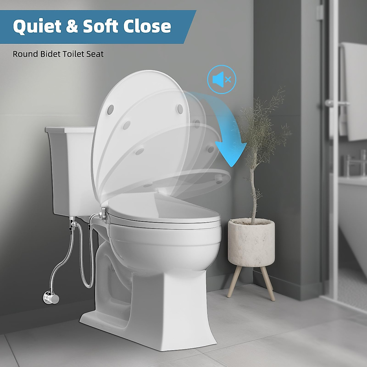 Hibbent Round Bidet Toilet Seat with Slow Close, Non-Electric Bidet Attachment for Toilet Seat with Dual Nozzle, Bidet Sprayer with Adjustable Self-Cleaning Nozzles, Brass T Adapter