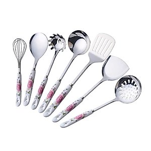 7-Piece Stainless Steel Cooking Utensils Set with ceramic Handle and Holder, Kitchen Utensil Tableware Set, Spatula, Turner Spatula, Ladle, Serving Spoon, Slotted Spoon, Pasta Server, Whisk