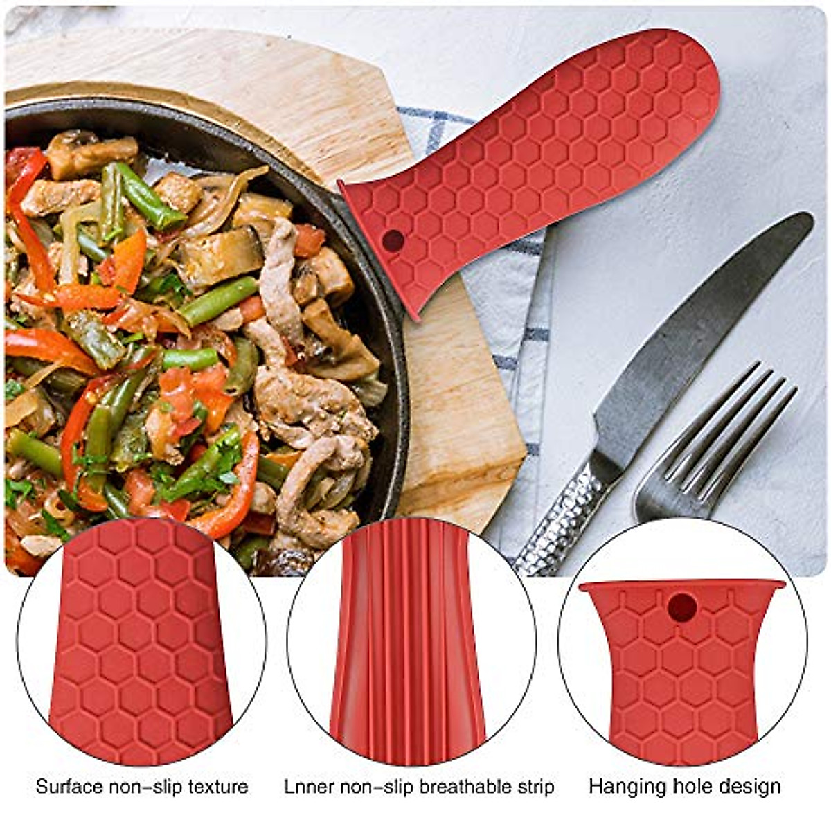 8 Pack Cast Iron Handle Cover, Silicone Hot Handle Holder, Assist Handle Holder, Non-Slip Pot Holder Sleeve, Pot Handle Covers Heat Resistant Potholder Cookware Silicone Cast Iron Handle Cover, Red