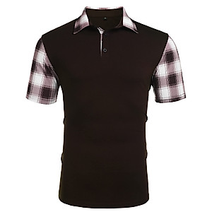 CHOMOLEZA Men's Casual Short Sleeve Polo Shirt Classic Plaid Collar Slim Fit T-Shirt Coffee M