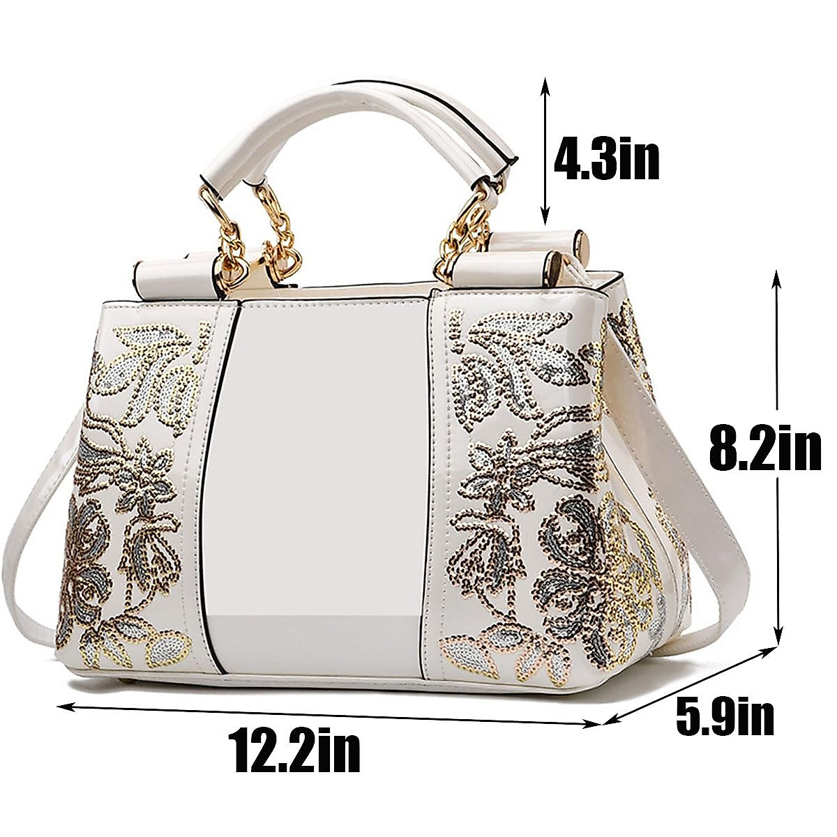 XingChen Women Patent Leather Fashion Handbags Double Sided Sequin Embroidery Shoulder Bag Top Handle Satchel Purse White