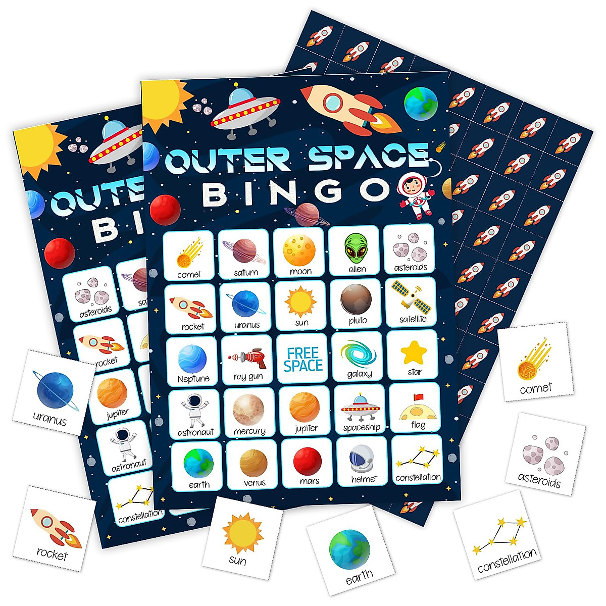Ziyouza Outer Space Bingo, Solar System Birthday Bingo Cards, 24 Players Bingo Games for Space Theme Birthday Family Party Outdoor Trip Activity -04