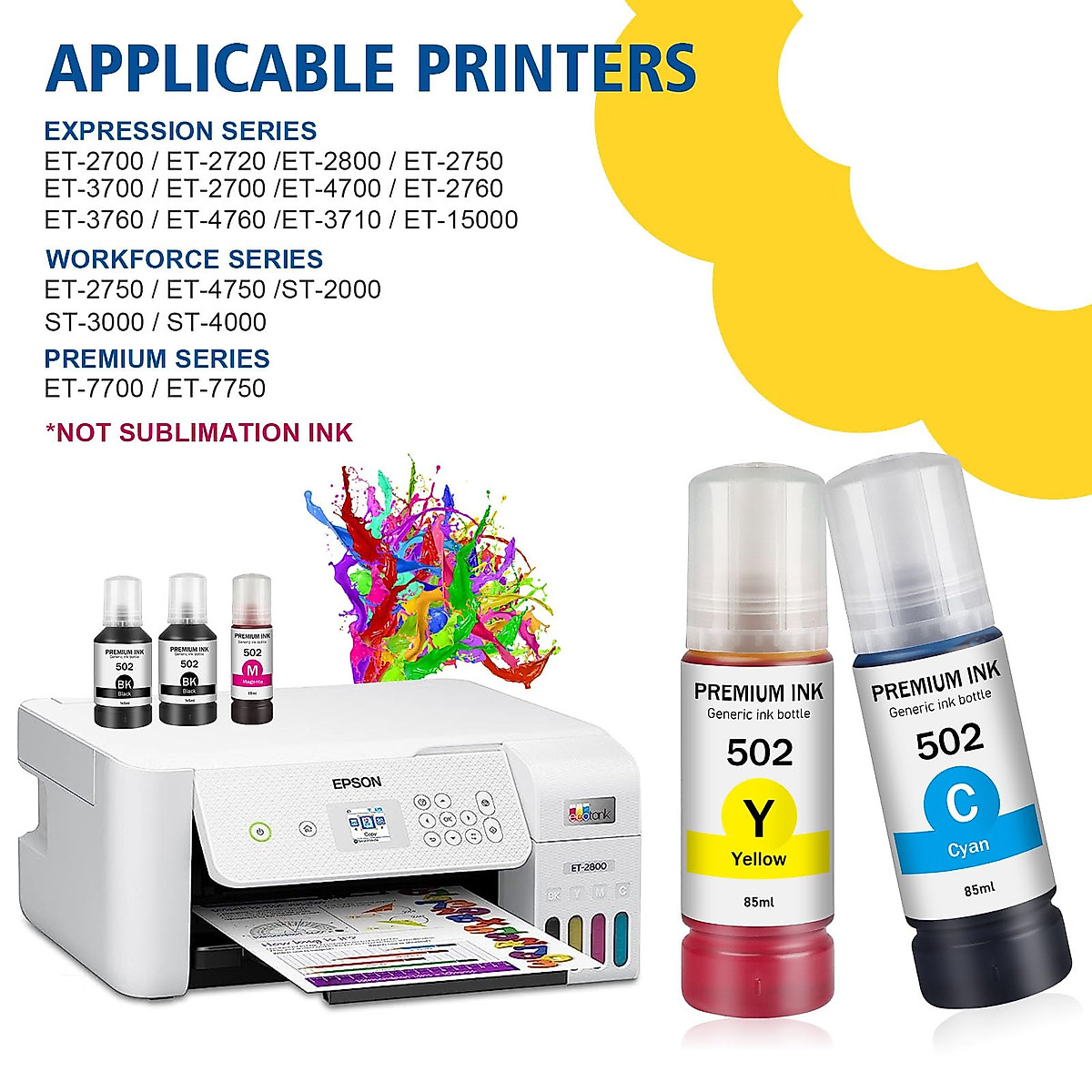 NMCHXBM Compatible Ink Cartridge Bottle (Non-Sublimation) Replacement for Epson 502 (Photo Black, Black, Magenta, Yellow and Cyan, 5-Pack)