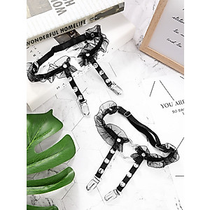 Geyoga 2 Pieces Adjustable Heart Shaped Leg Garters Women Sexy Lace Heart Harness Garter Belts Elastic Punk Rivet Thigh Ring Garters with Non-Slip Clips for Women Black