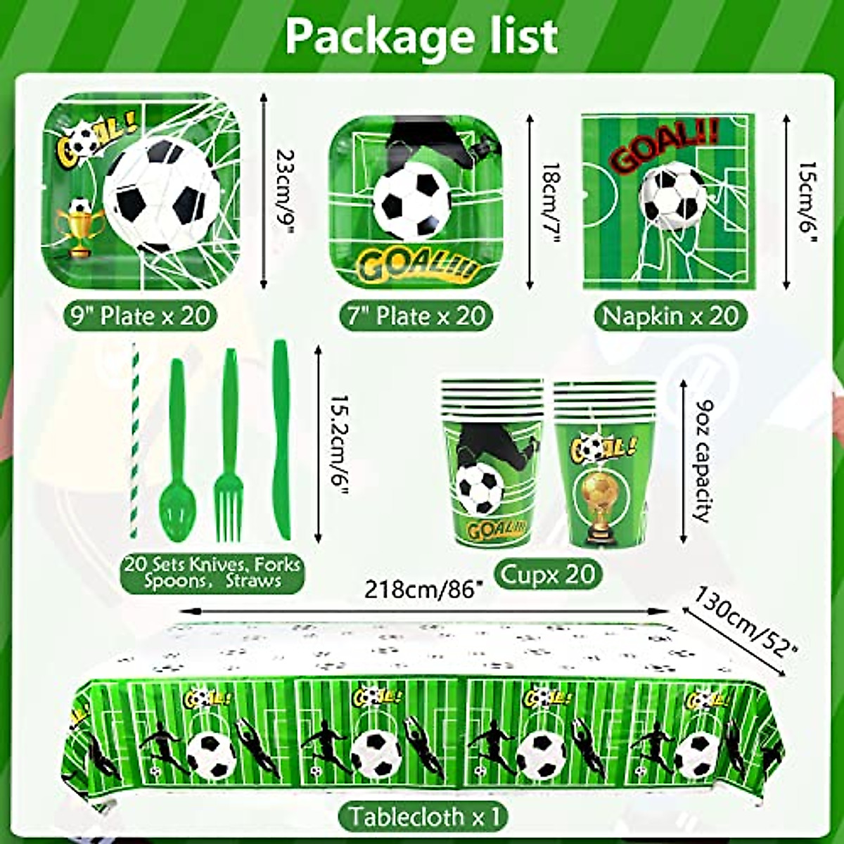 Soccer Party Supplies Serves 20 Guests - Including Happy Birthday Banner, Plates, Cake Toppers, Cups, Napkins, Tablecloth, Balloons, Straws, for Boys Kids Sports Birthday Party Decorations