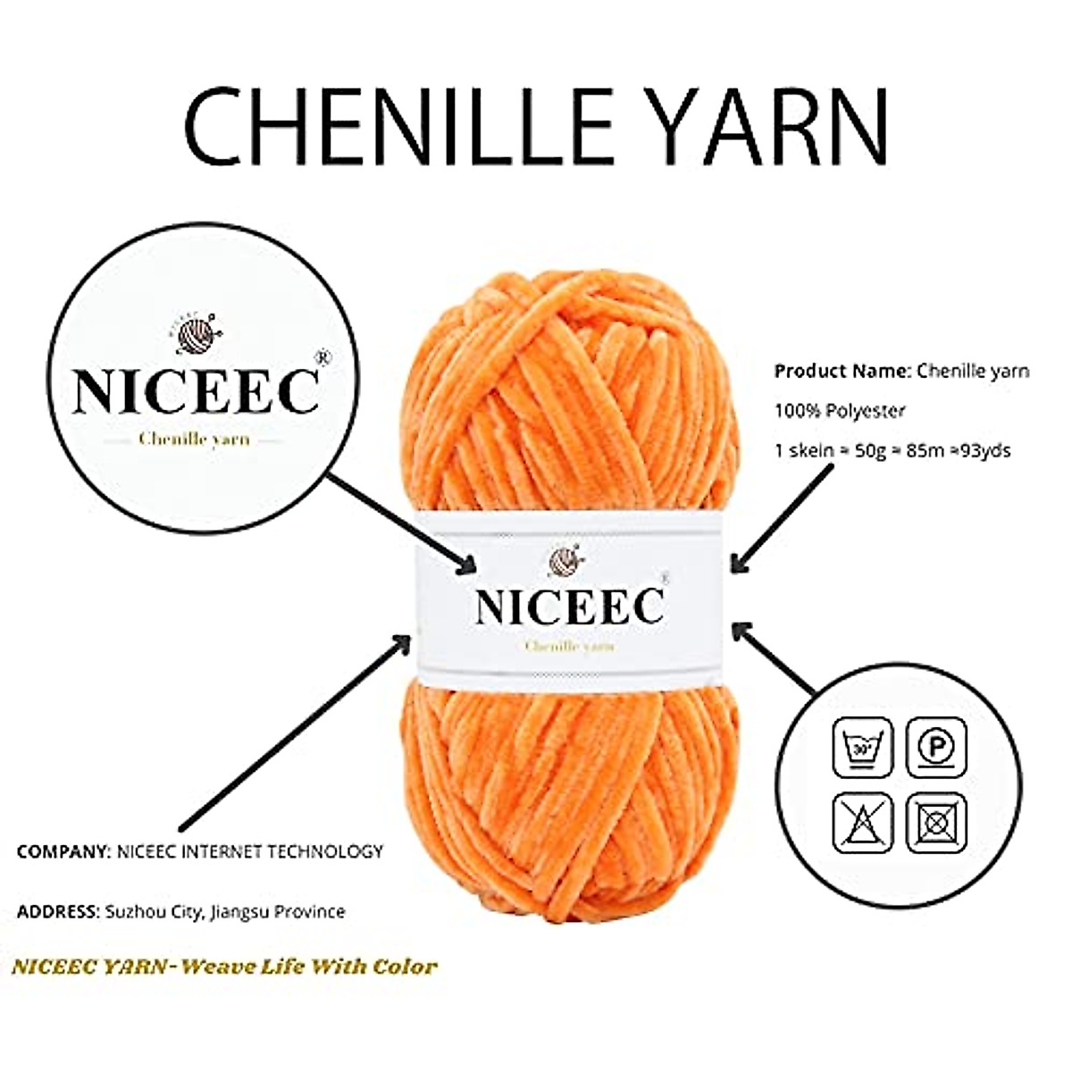 NICEEC 3 Skeins Soft Chenille Yarn Blanket Yarn for Knitting Fancy Yarn for Crochet Weaving DIY Craft Total Length 3×85m (3×93yds, 3×50g)_Orange