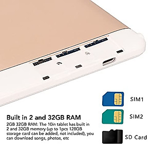 HD 10 Tablet PC, Portable Dual SIM Dual Standby Tablet,WiFi Android Dual Camera IPS 1080P HD Large Screen Call Tablet,Octa Core Processor,2GB 32GB RAM(Gold)
