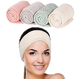 Whaline 4 Pack Spa Facial Headband Makeup Hair Wrap Adjustable Hair Band Soft Towel Head Band for Face Washing, Shower Sports Yoga (Pea Green, Pink, Beige, Light Gray)