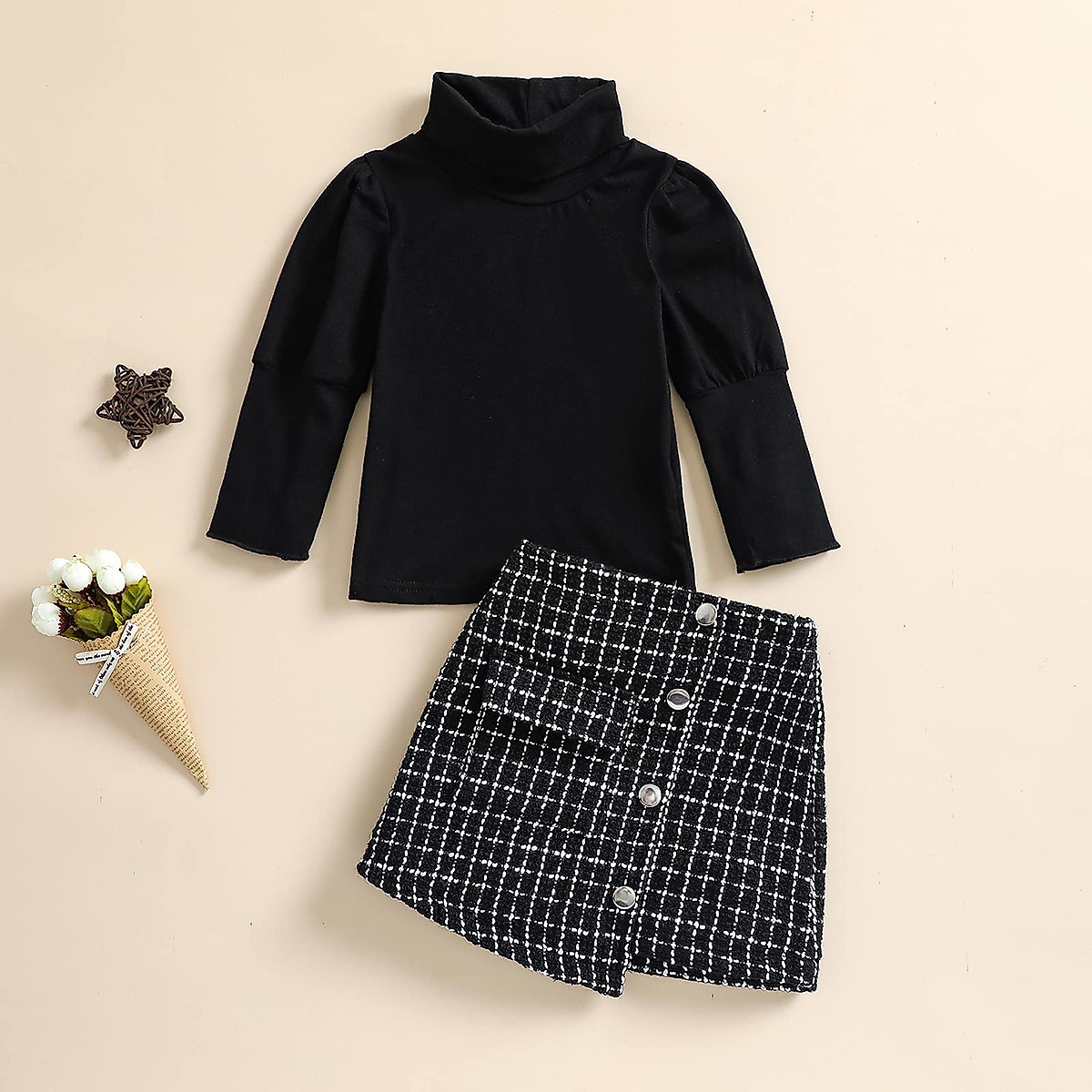 Toddler Baby Girl Clothes Set Long Sleeve High Neck Knitted Shirt Sweater Top and Plaid Skirt Set 2Pcs Fall Winter Outfits (Black, 3-4T)